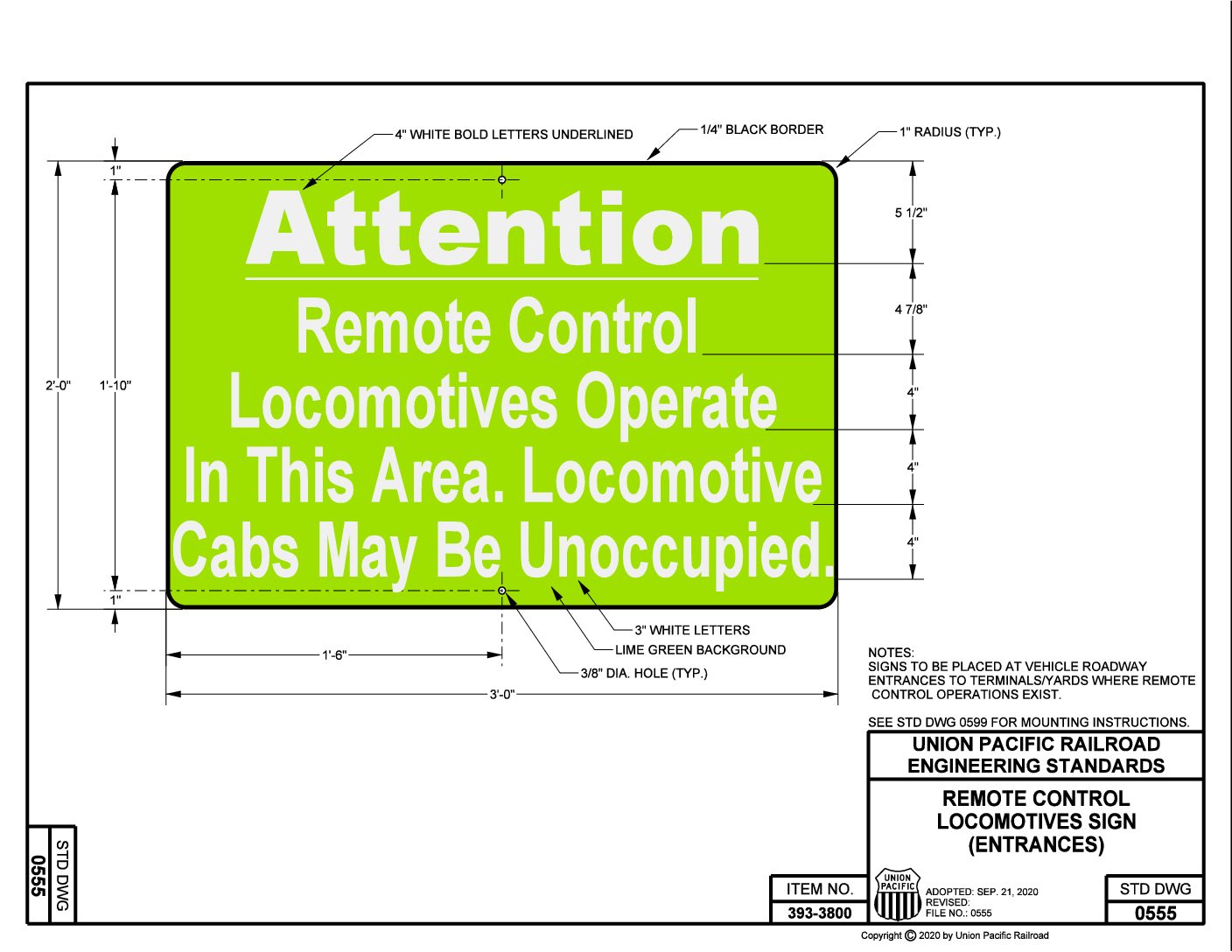 Remote Control Locomotives Sign (Entrances), UPRR STD DWG 0555 | Aldon®