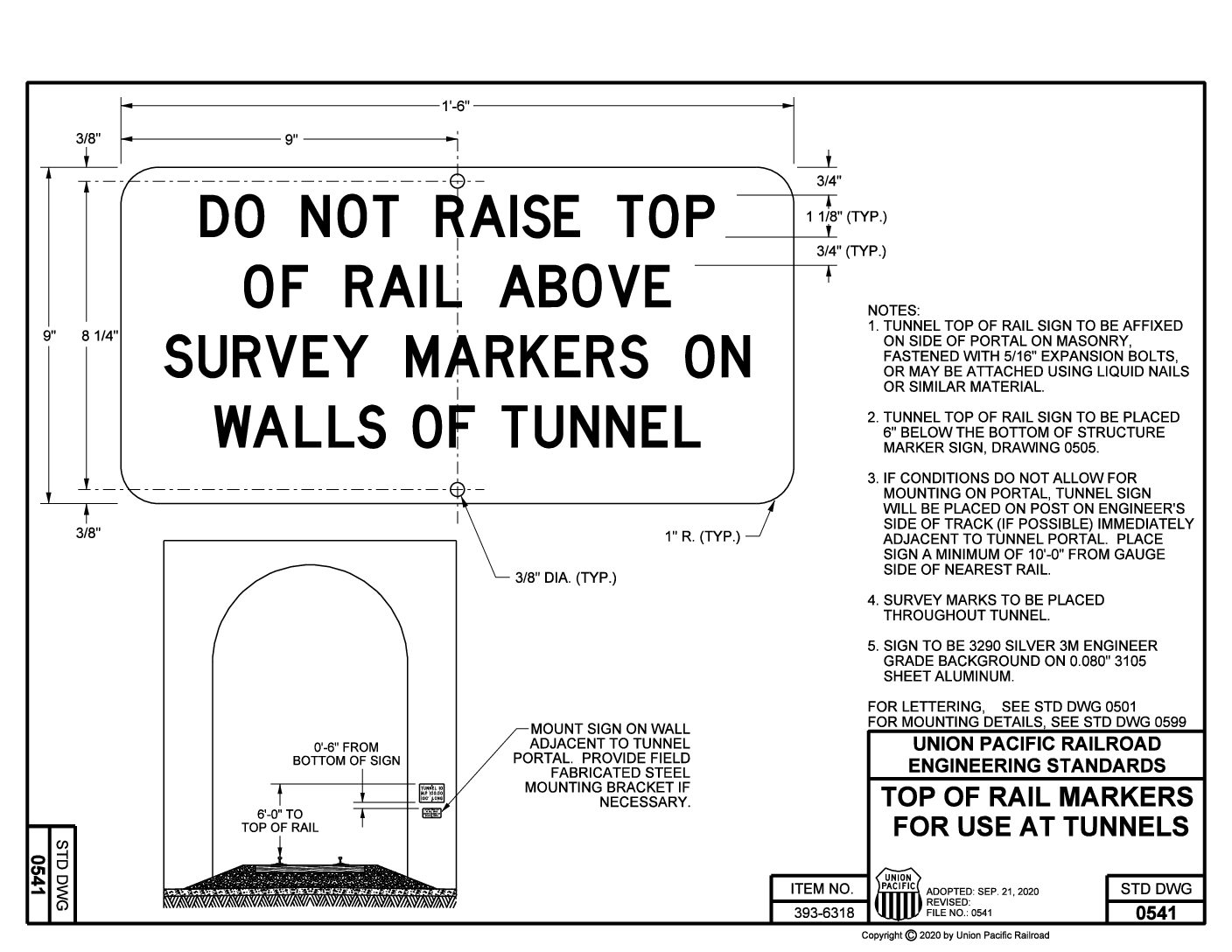 Tunnel Top of Rail Sign, UPRR STD DWG 0541 | Aldon®
