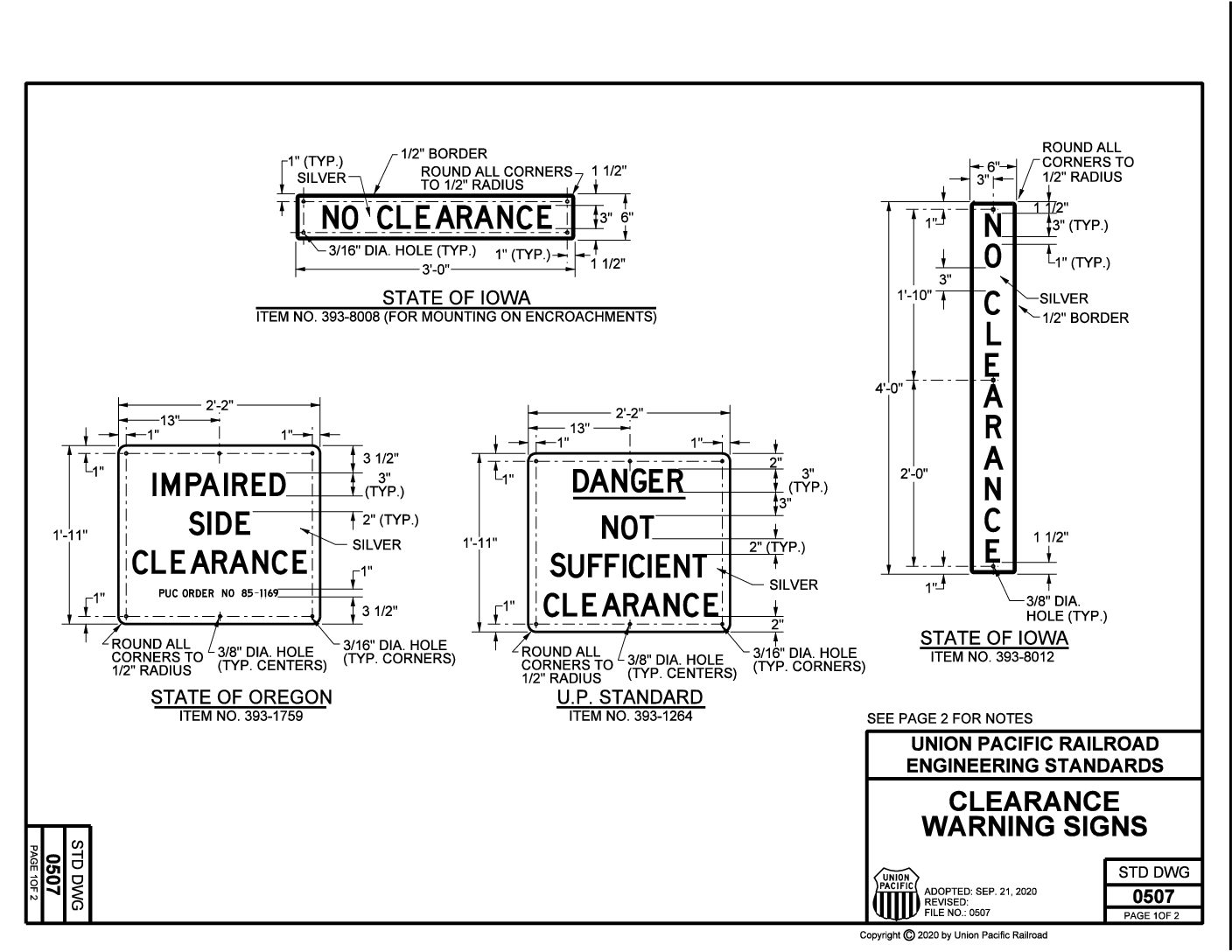 Impaired Side Clearance Sign, UPRR STD DWG 0507 | Aldon®